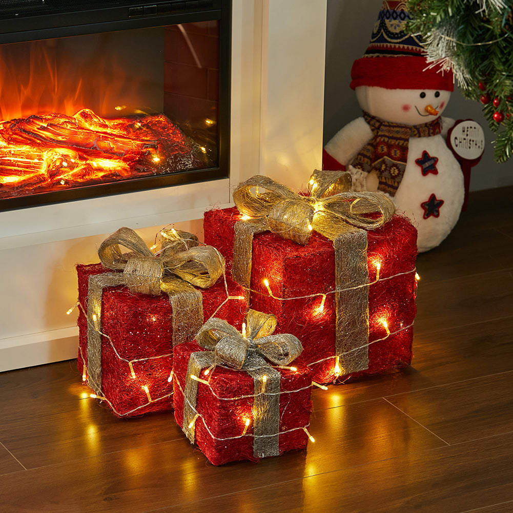 Set of 3 Light-Up Square Christmas Gift Boxes Glitter Presents Decorat ...